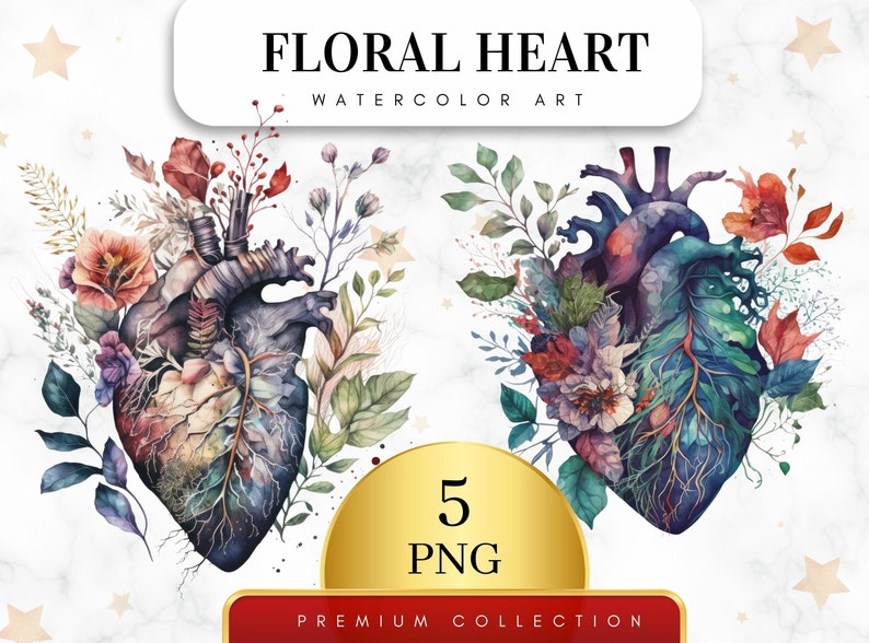Set of 5, Watercolor Floral Heart Clipart, Heart Sublimation ...