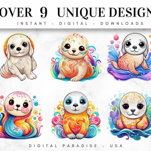 Set of 9, Colorful Seal Clipart, Seal PNG, Animal Clipart, Ocean ...