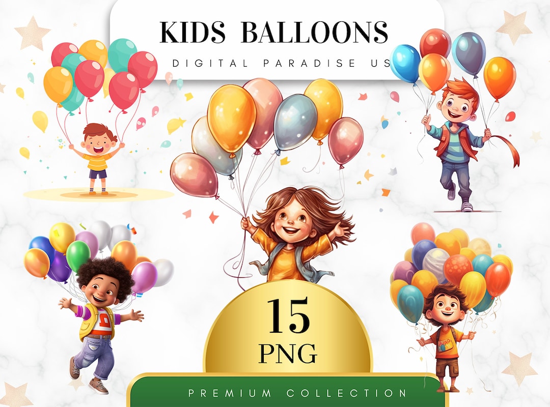 Set of 15, Kids Balloons Clipart, Balloon Bundle, Birthday Party Decor ...