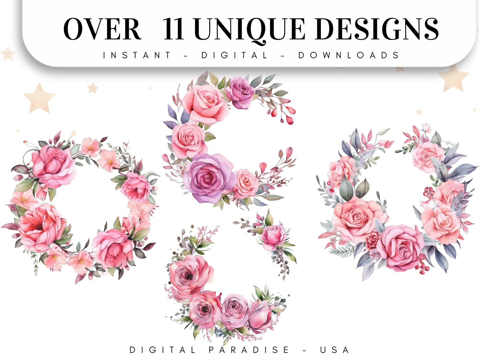 Set of 11, Watercolor Pink Floral Wreath, Floral Frame Clipart ...