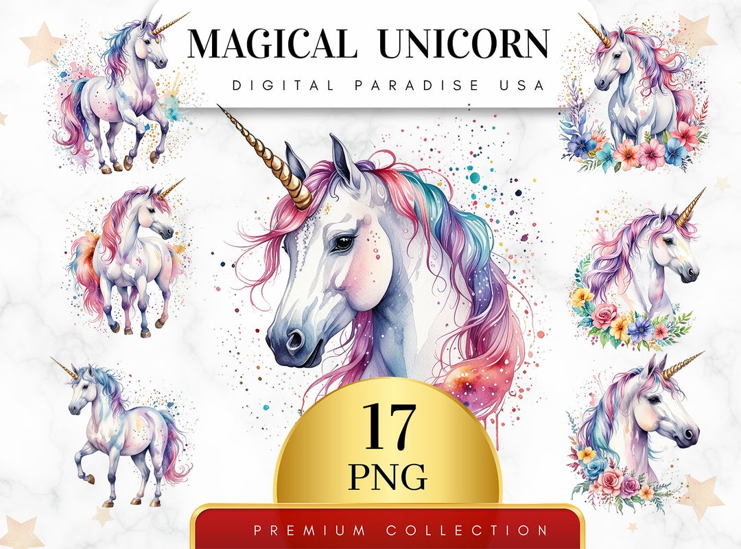 Set of 17, Magical Unicorn Clipart, Unicorn PNG, Watercolor Unicorn ...