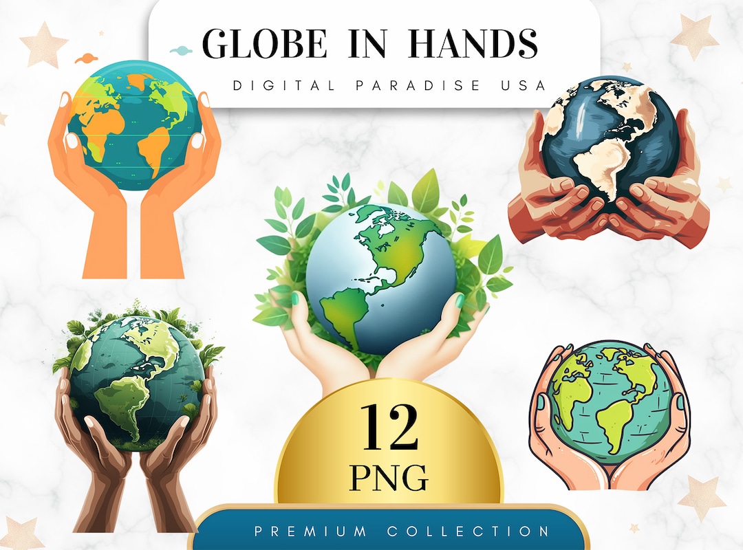 Set of 12, Globe in Hands Clipart, Earth Clipart, World Map Clipart ...