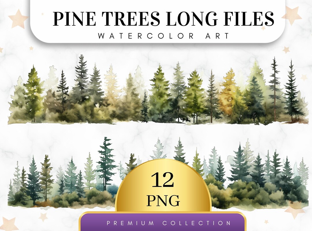 Set of 12, Watercolor Pine Trees Long Files, Pine Tree Clipart ...