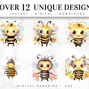 Set of 12, Cute Honey Bee Watercolor Clipart, Baby Bee Clip Art, Bee ...