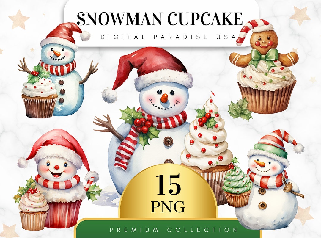 Set of 15, Snowman Cupcake Clipart, Dessert Clipart Png, Snowman PNG ...