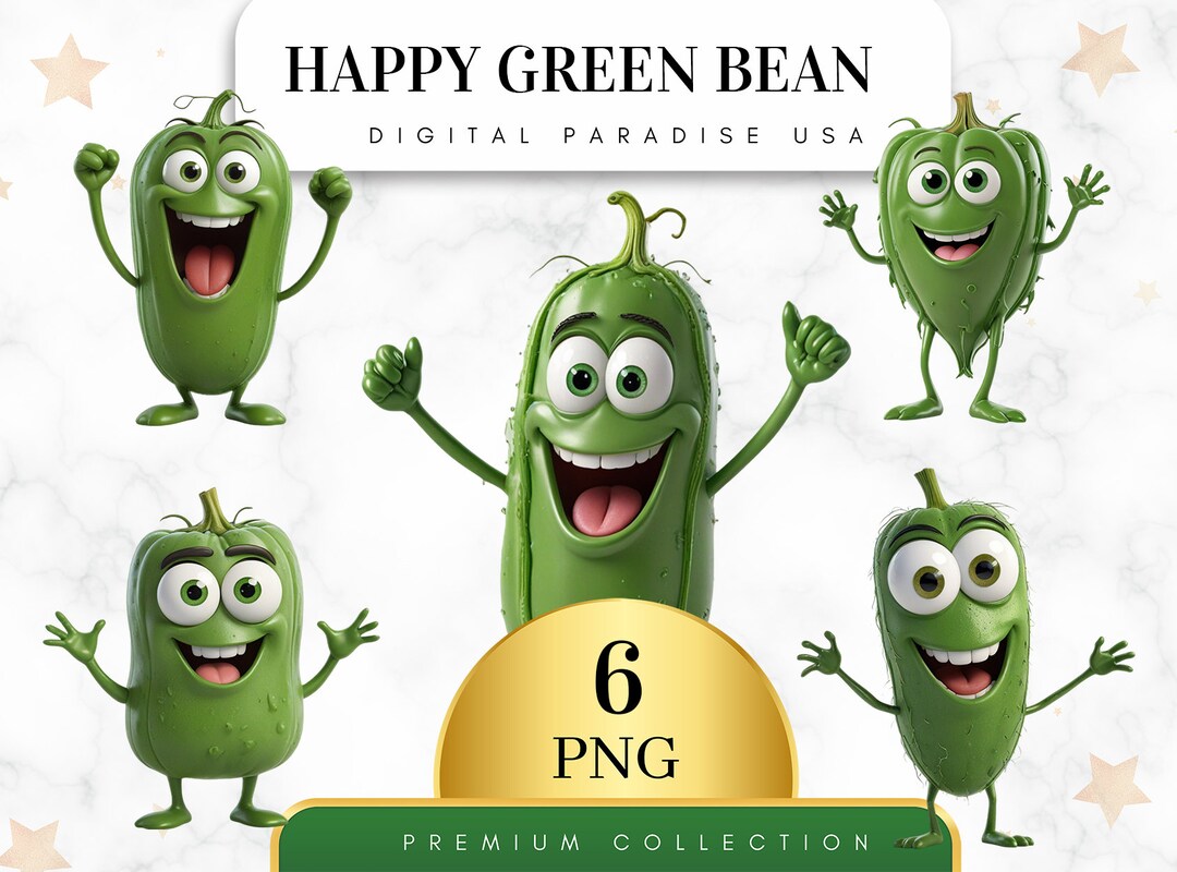 Set of 6, Happy Green Bean Clipart, Green Bean Bundle, Cute Vegetables ...