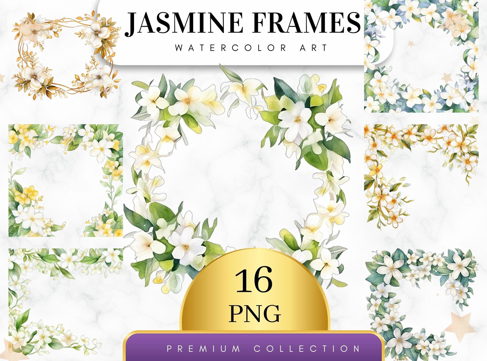 Set of 16, Jasmine Frames Clipart, Floral Frame Clipart, Watercolor ...