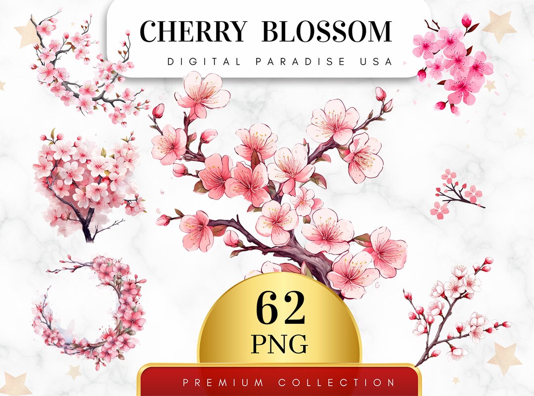 Set of 62, Cherry Blossom Clipart, Pink Flower Clipart, Floral PNG ...