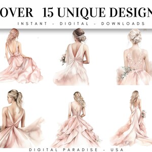 Set of 15, Watercolor Blush Pink Bride Back Clipart, Wedding Day ...