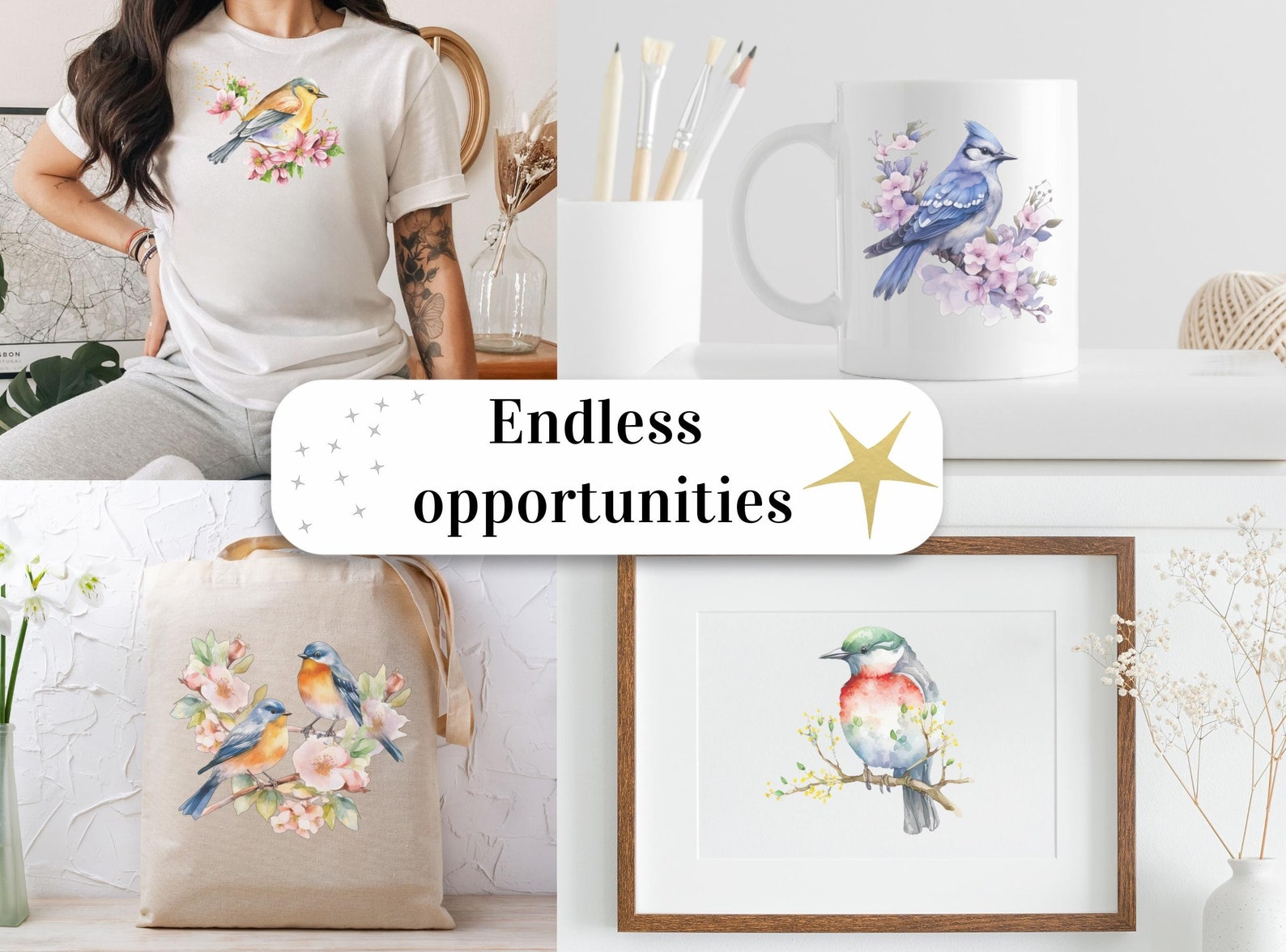 Set of 36, Watercolor Birds Clip Art, Colorful Birds Clipart, Spring ...