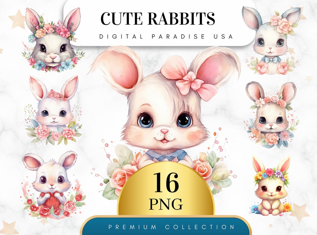 Set of 16, Cute Rabbits Clipart, Bunny Clipart, Rabbit PNG, Easter ...