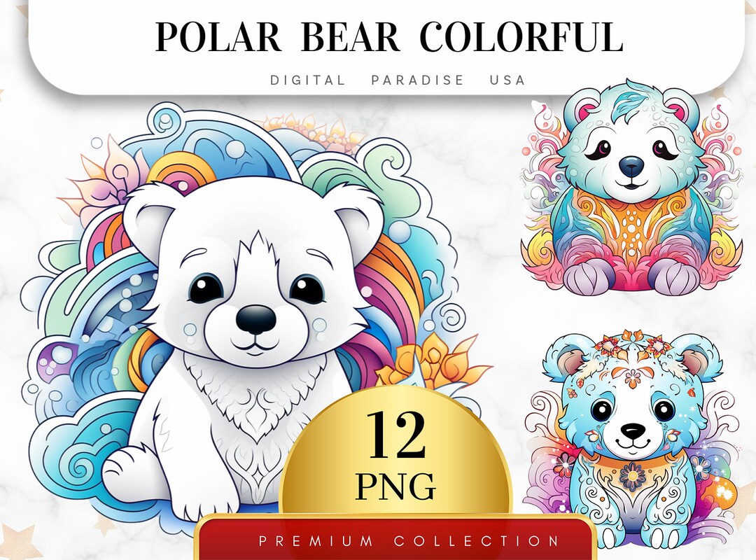 Set of 12, Colorful Polar Bear Clipart, Polar Bear PNG, Arctic Animal ...