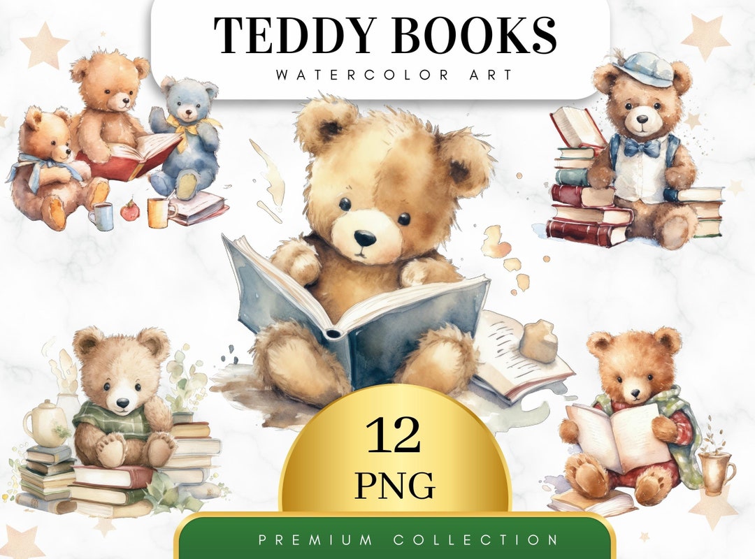 Set of 12, Watercolor Teddy Bear With Books, Teddy Bear PNG, Nursery ...