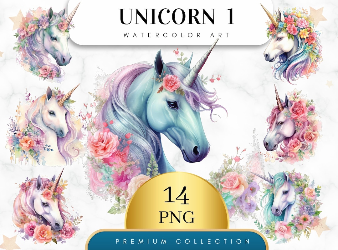 Set of 14, Unicorn Watercolor Clipart, Unicorn Сlip Art, Cute Unicorn ...