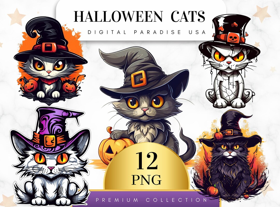 Set of 12, Halloween Cats Clipart, Cat Clipart, Halloween Clipart, Cat ...