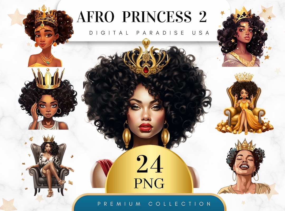 Set of 24, Afro Princess Clipart 2, African American Princess, Afro ...
