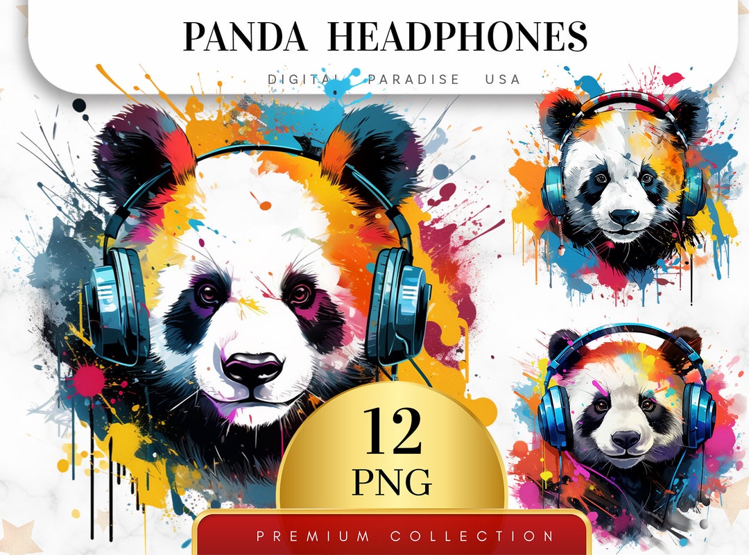 Set of 12, Panda Headphones Clipart, Panda Clipart, Panda PNG, Music ...