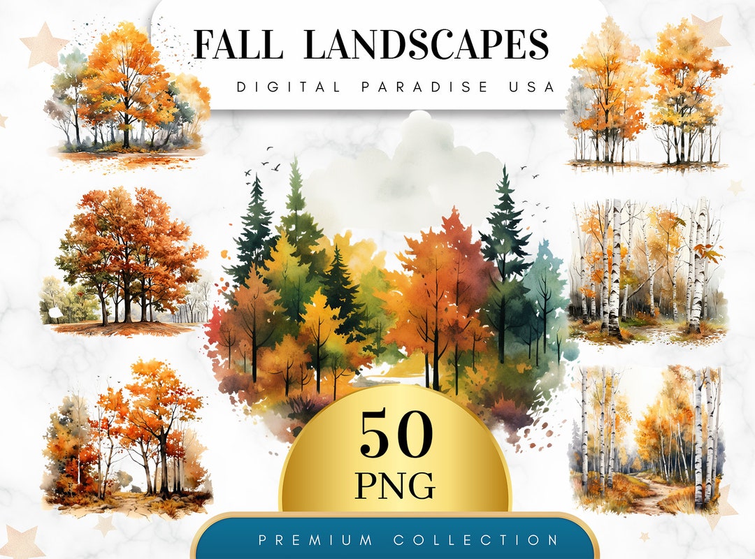 Set of 50, Fall Landscape Clipart, Forest Tree Clipart, Pine Tree Png ...