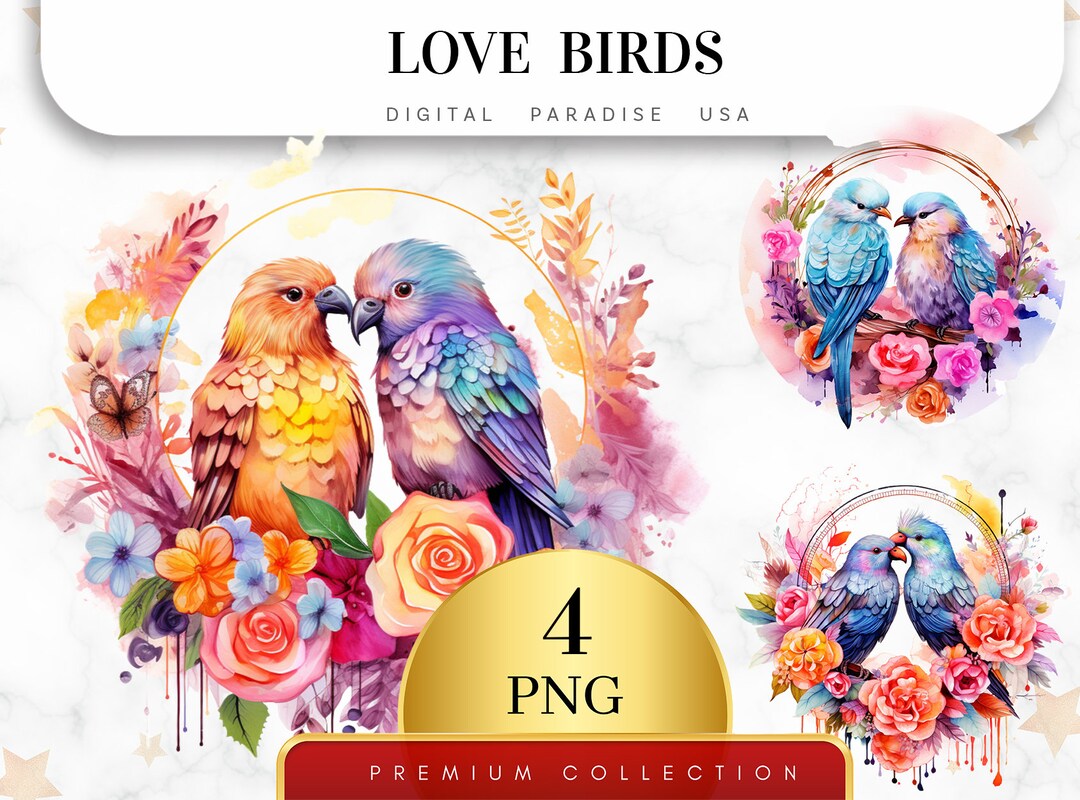 Set of 4, Love Birds Clipart, Love Birds PNG, Wedding Clipart, Lovebird ...