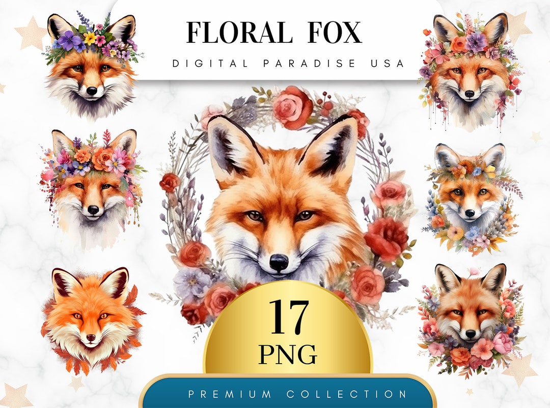 Set of 17, Watercolor Floral Fox Clipart, Fox PNG, Boho Fox Art, Junk ...