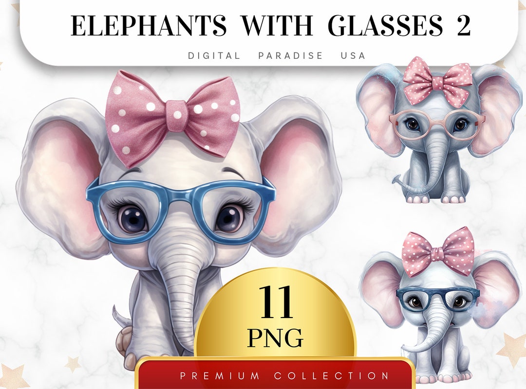 Set of 11, Elephant With Glasses Clipart 2, Elephant PNG, Animal ...