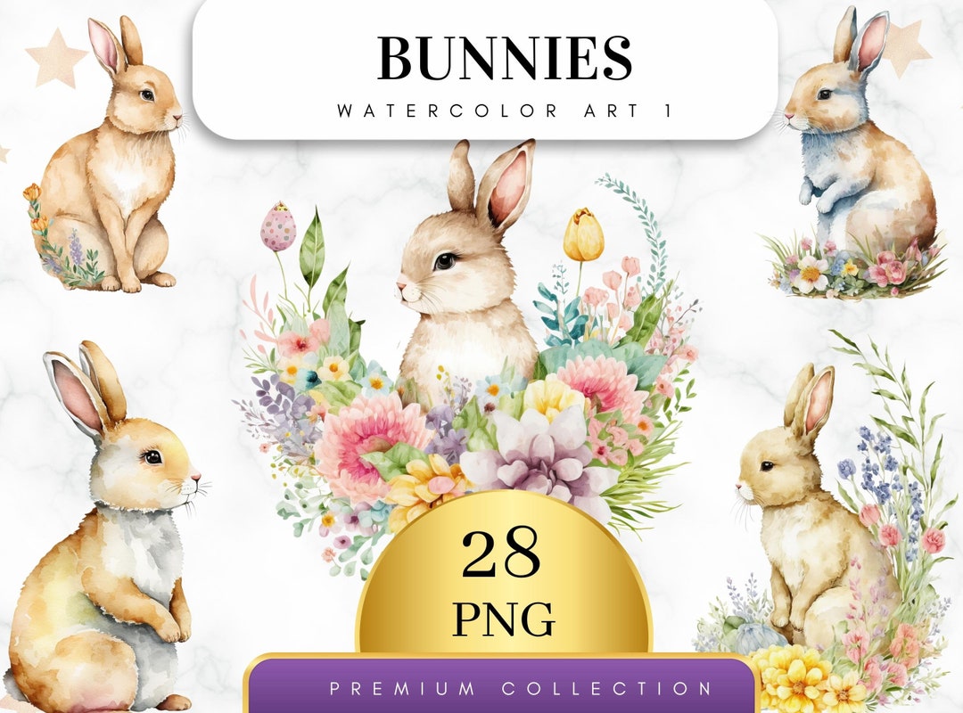 Set of 28, Watercolor Bunnies Clipart, Spring Bunnies PNG, Nursery ...