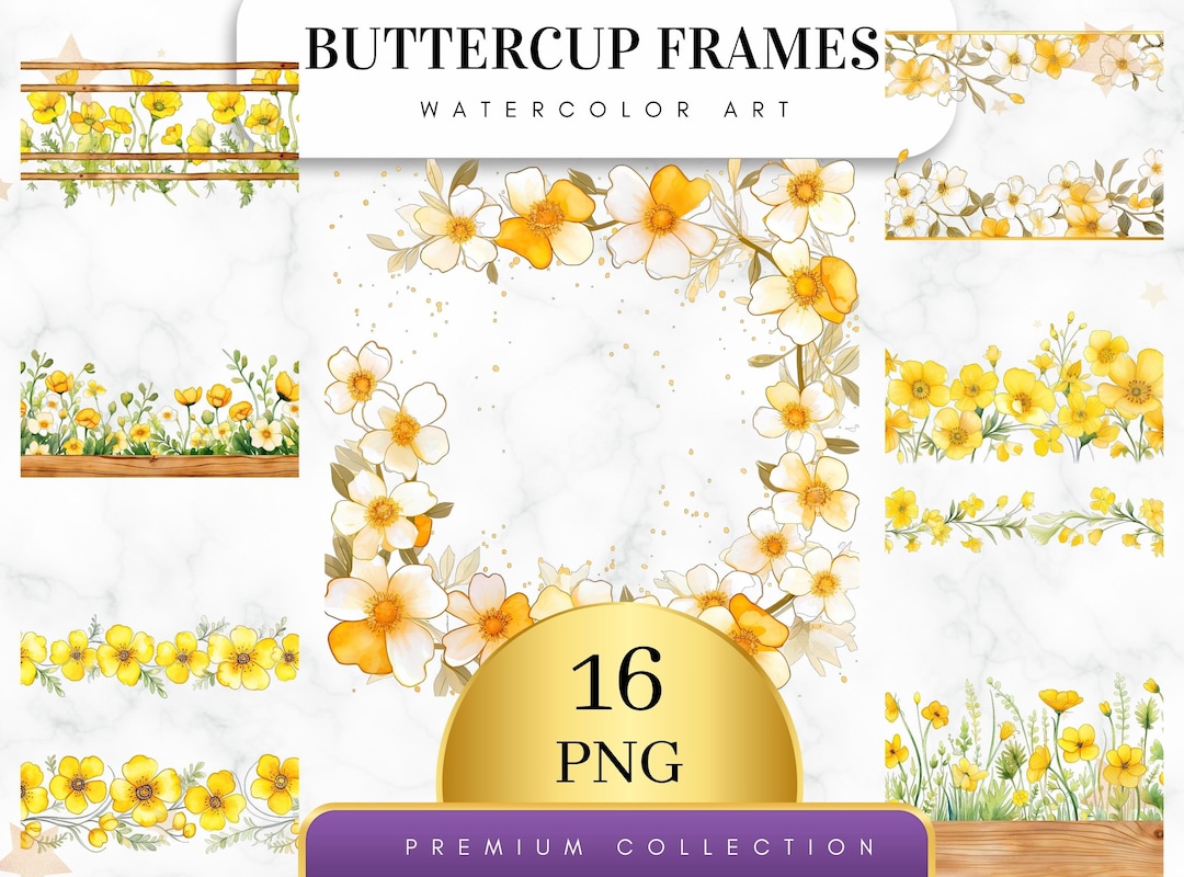 Set of 16, Watercolor Buttercup Frames Clipart, Buttercup Clipart ...