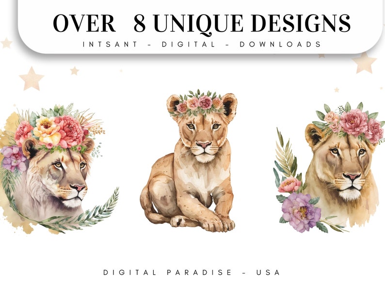 Set of 8 Watercolor Lion Clipart Lion PNG Boho Lion Set - Etsy