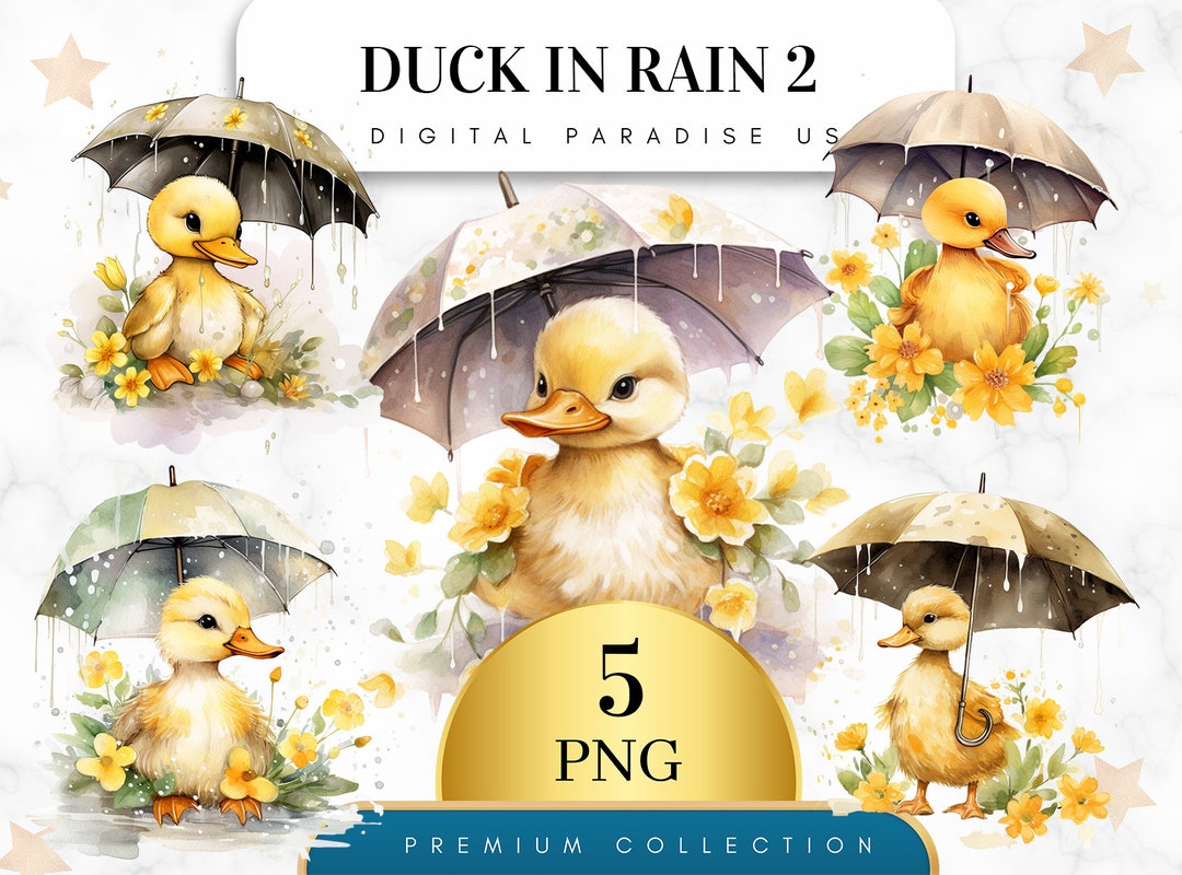 Set of 5, Duck in Rain Clipart, Duck PNG, Rainy Day Clipart, Watercolor ...