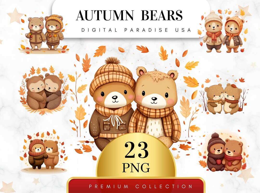 Set of 23, Autumn Bears Clipart, Bear PNG, Fall Bears, Woodland Animals ...