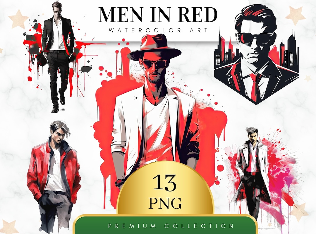 Set of 13, Watercolor Men in Red Clipart, Handsome Men Clipart, Fashion ...