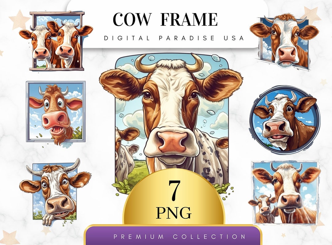 Set of 7, Watercolor Cow Frame Clipart, Cow PNG, Cow Clipart, Farm ...