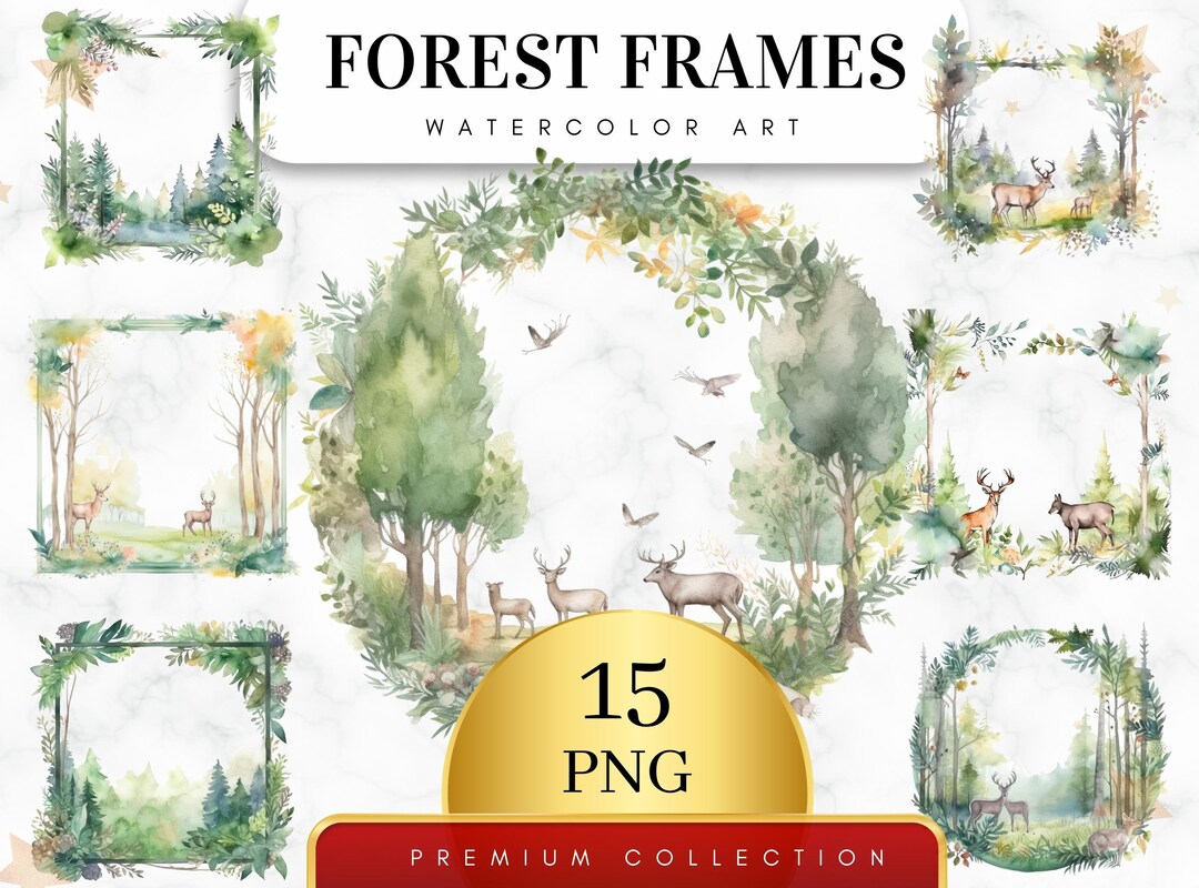 Set of 15, Watercolor Rustic Summer Forest Frame, Summer Digital Frames ...