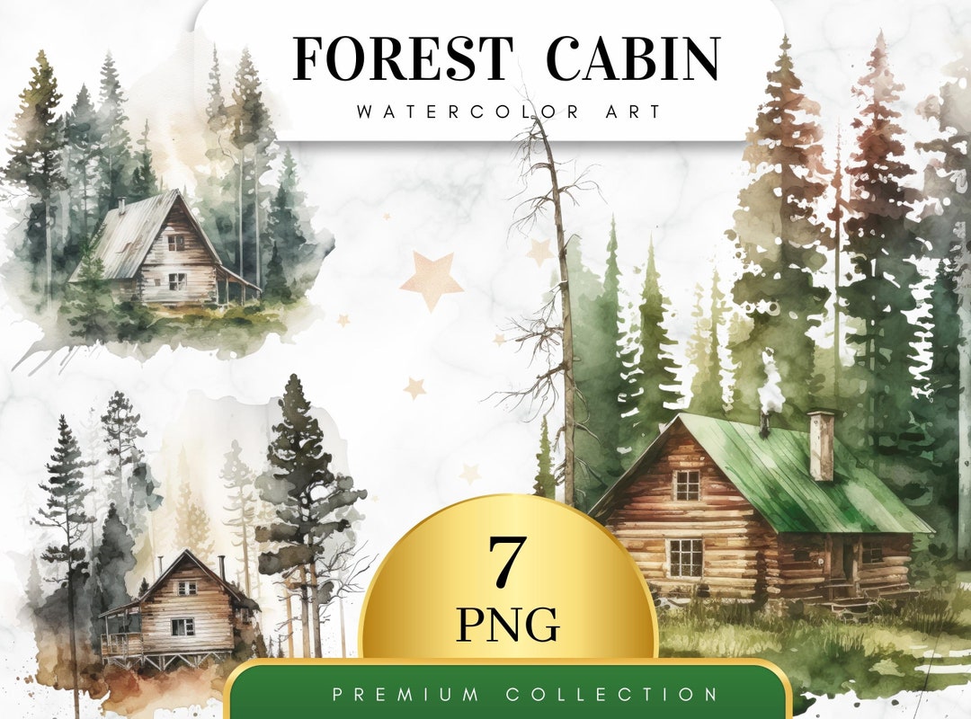 Set of 7, Watercolor Forest Wooden Cabin Clipart, Cabin in Woods Png ...