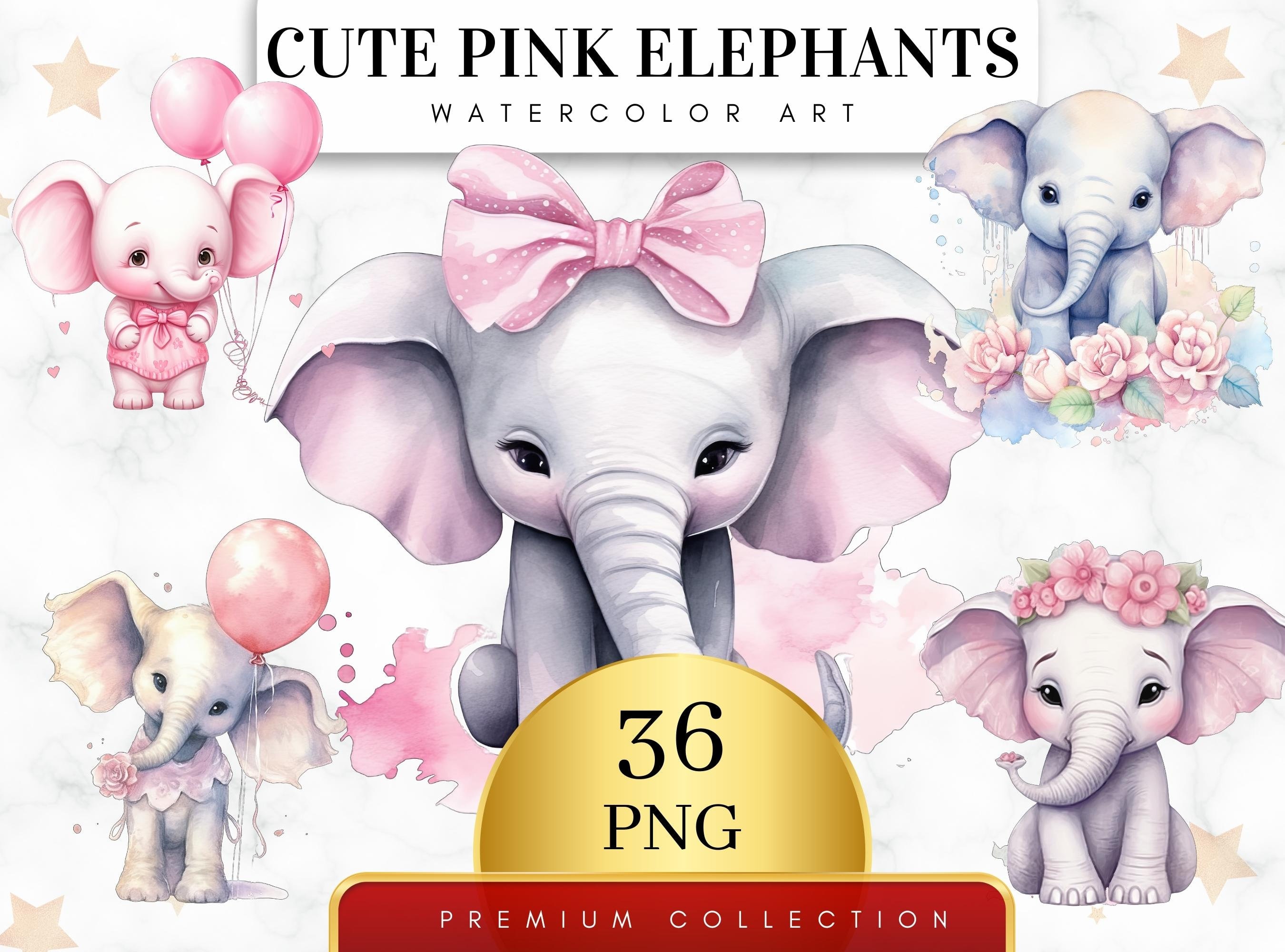 Set of 36, Cute Pink Elephant Clipart, Elephants PNG, Baby Shower ...