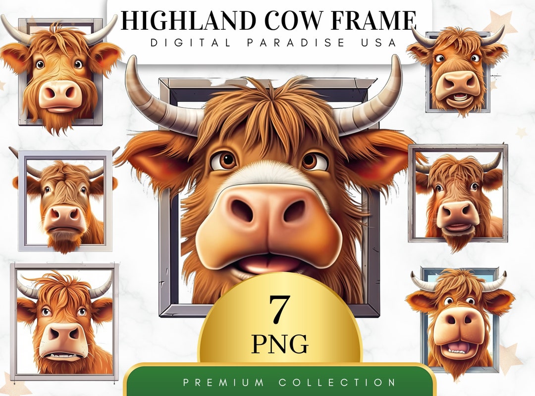 Set of 7, Highland Cow Frame Clipart, Watercolor Highland Cow, Cow ...