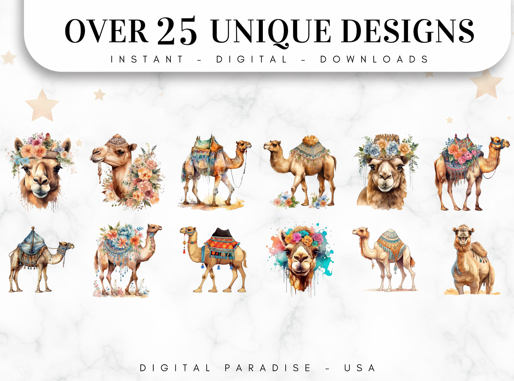 Set of 25, Watercolor Floral Camels Clipart, Camel PNG, Boho Camel Art ...