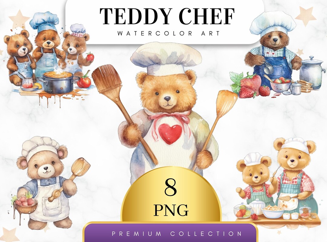 Set of 8, Watercolor Teddy Chef, Teddy Bear PNG, Nursery Clipart, Cute ...