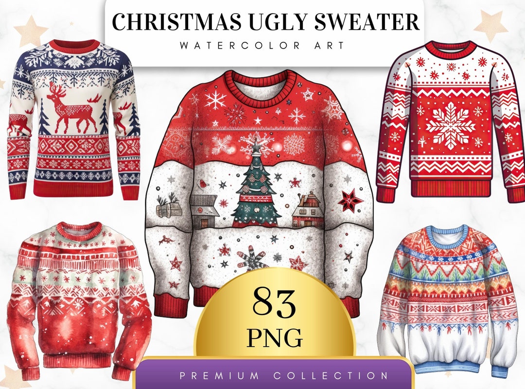 Set of 83, Christmas Ugly Sweater Clipart, Holiday Sweater PNG, Festive ...