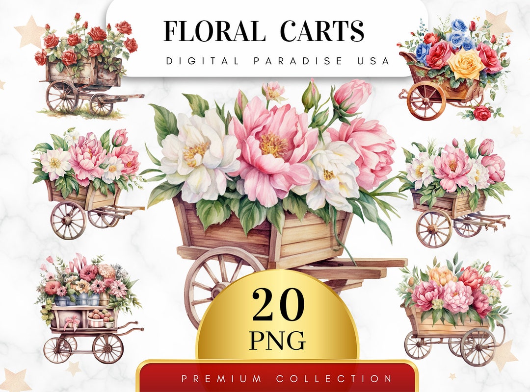 Set of 20, Floral Carts Clipart, Floral PNG, Flower Cart PNG, Garden ...