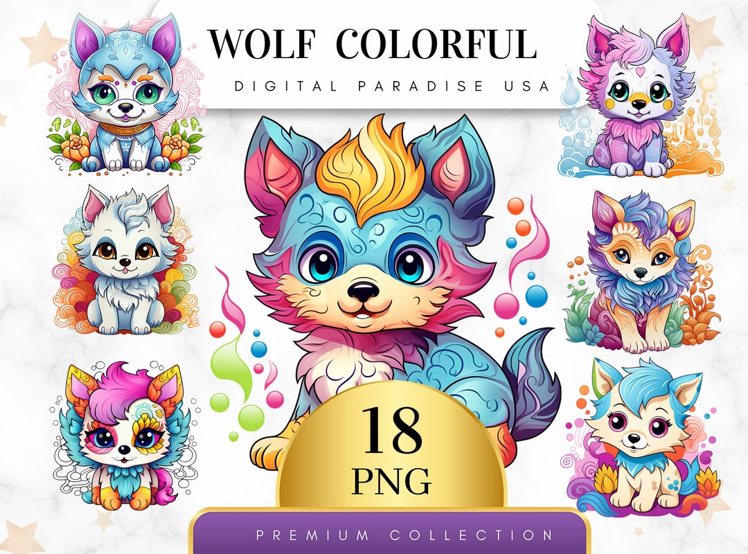 Set of 18, Colorful Wolf Clipart, Wolf PNG, Watercolor Wolf, Boho Wolf ...
