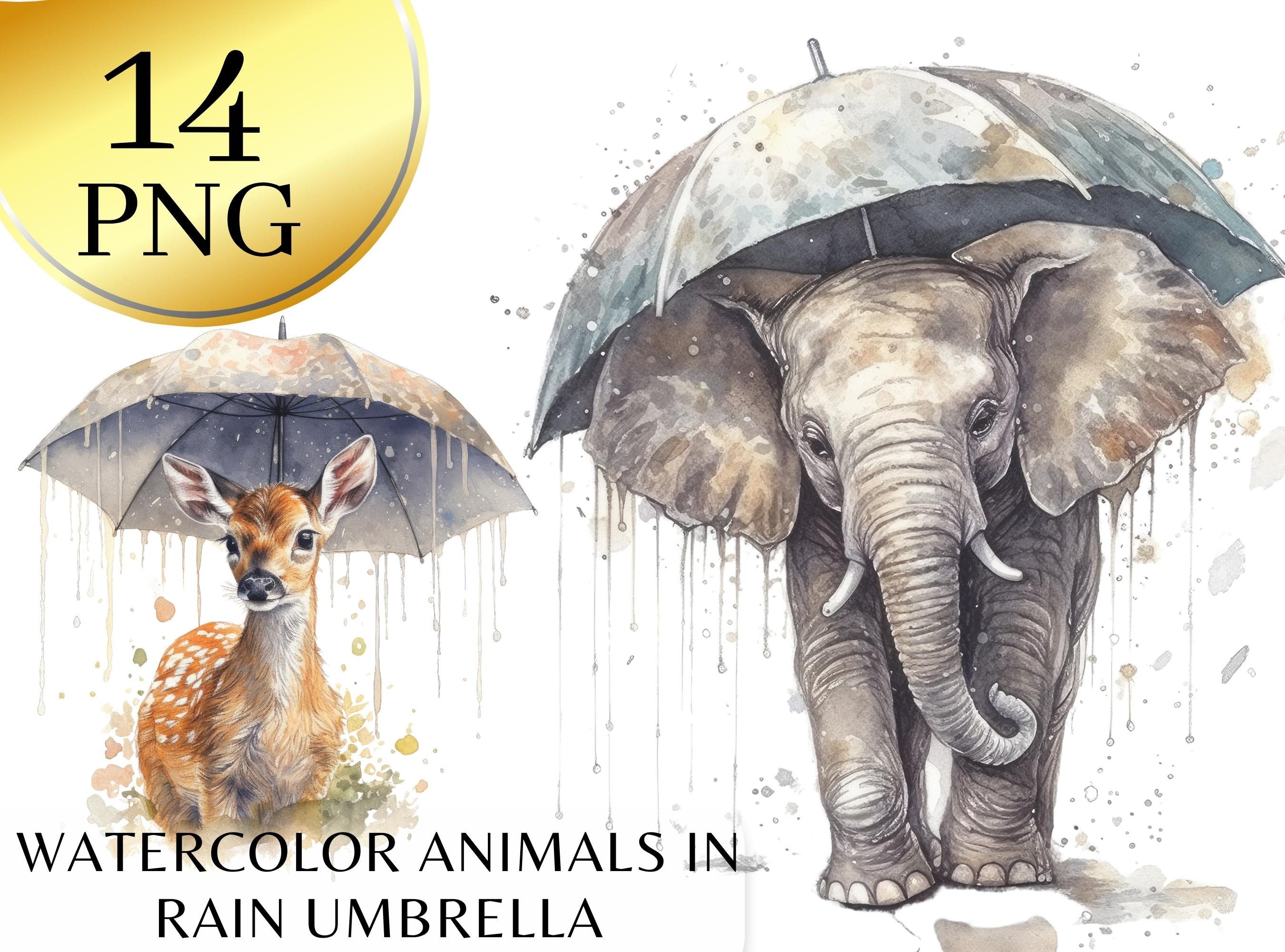 Set of 14 Watercolor Animals in Rain Watercolor Animal With - Etsy