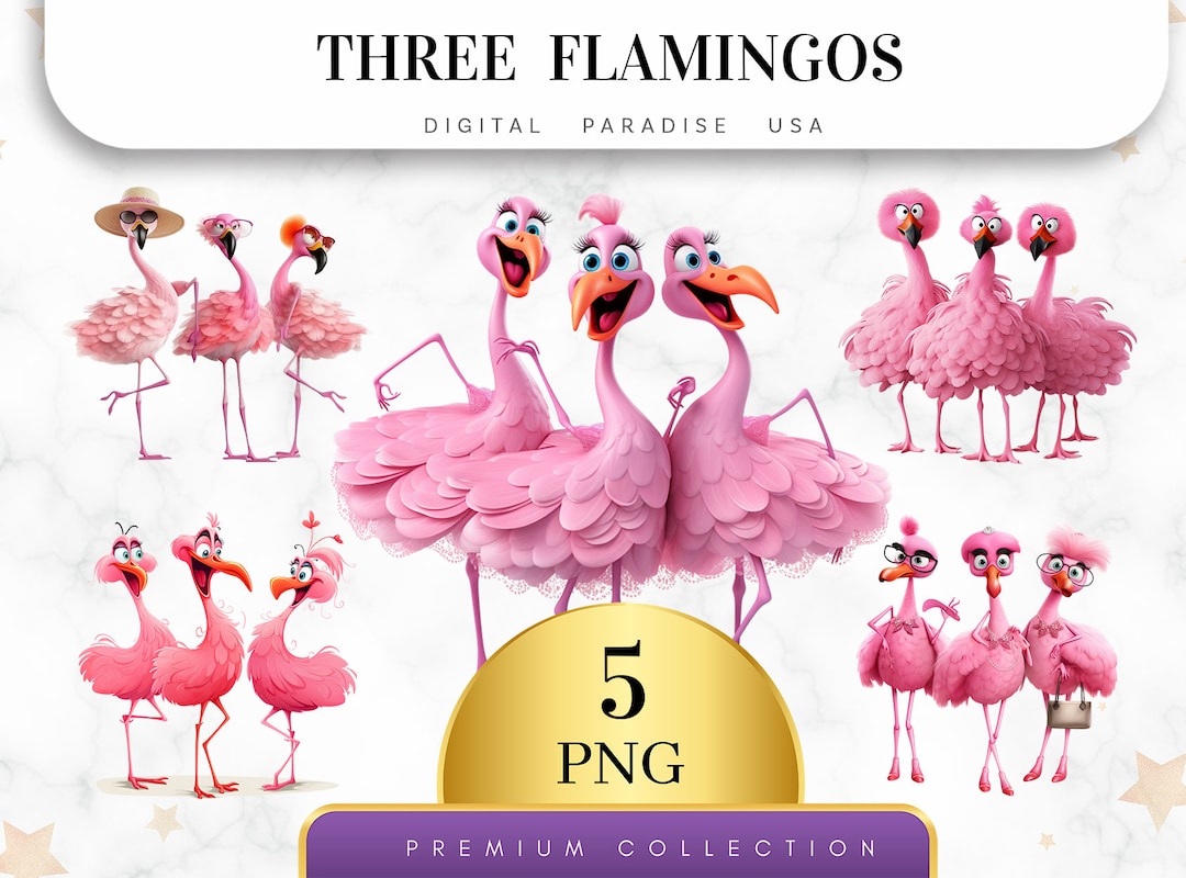 Set of 5, Watercolor Three Flamingos, Pink Flamingo PNG, Flamingo Art ...
