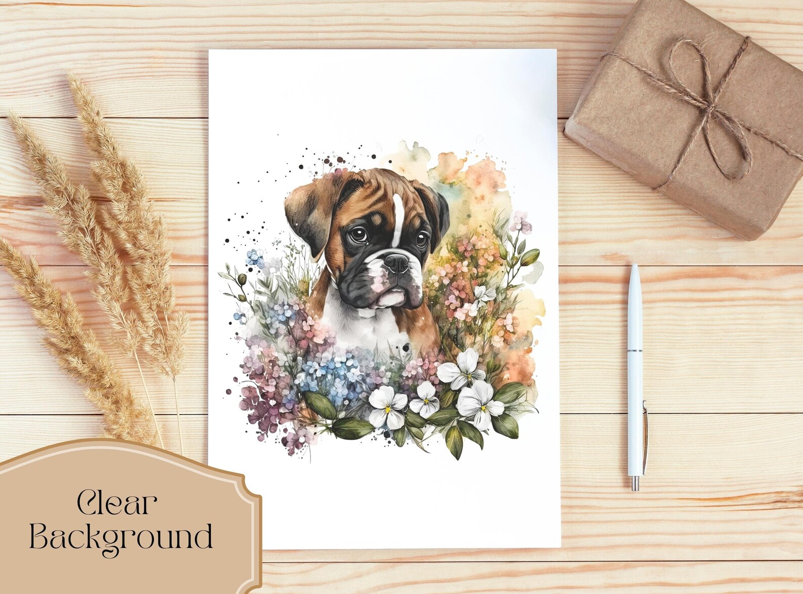 Set of 14, Watercolor Boxer Dog Clipart, Spring Boxer Dog With Flowers ...