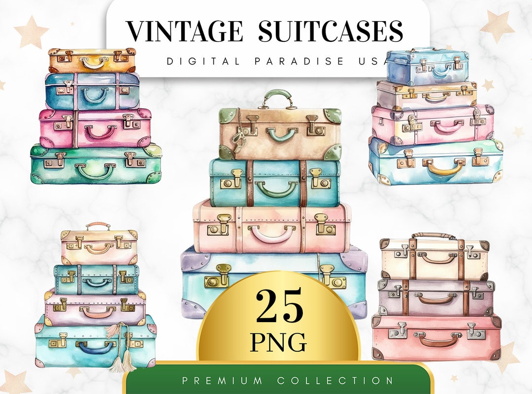 Set of 25, Vintage Suitcases Clipart, Retro Suitcase PNG, Travel ...