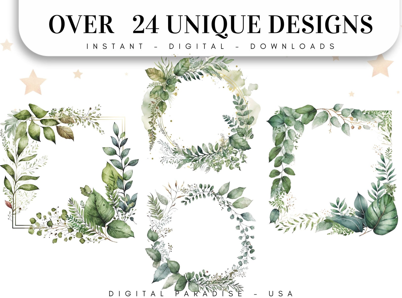 Set of 24, Watercolor Green Plant Frames Set, Greenery Digital Frames ...