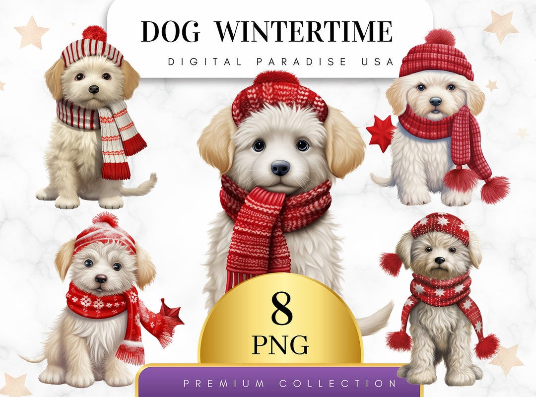 Set of 8, Dog Wintertime Clipart, Dog PNG, Dog Illustration, Dog ...