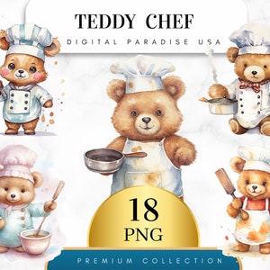 Set of 18, Teddy Chef Clipart, Teddy Chef PNG, Teddy Clipart, Nursery ...