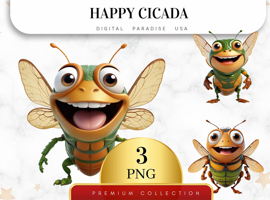 Set of 3, Happy Cicada Clipart, Cicadabundle, Cute Insect PNG, Cicada ...