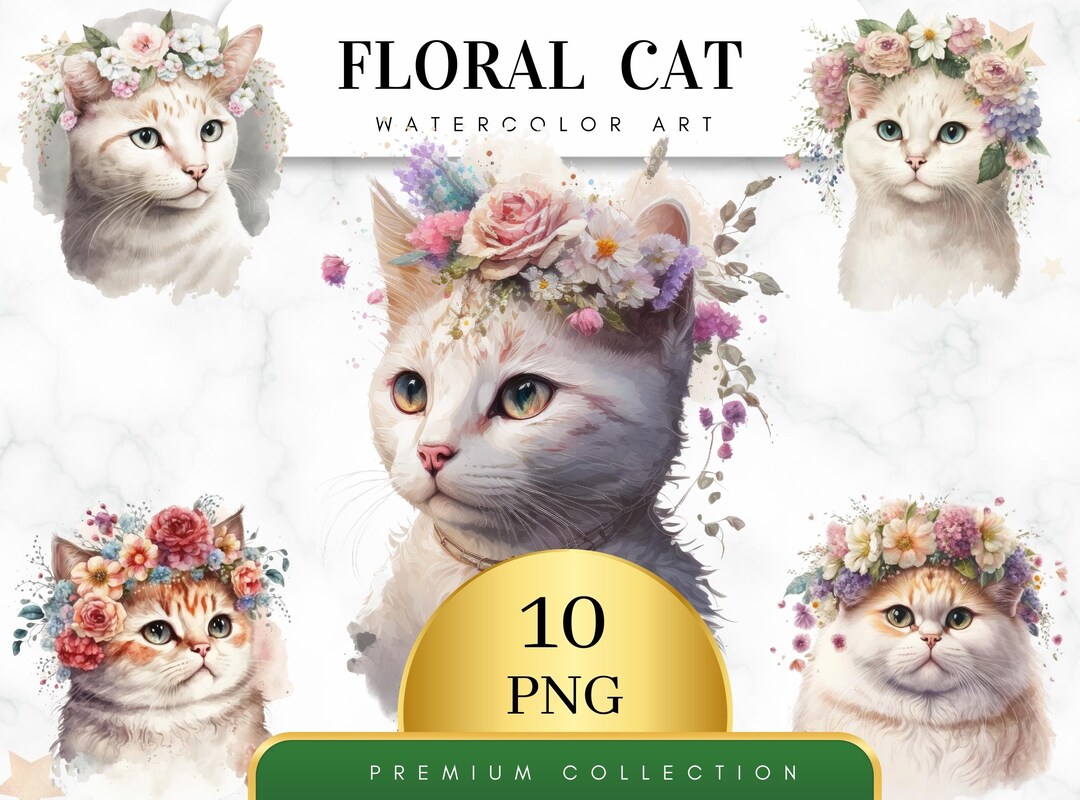 Set of 10, Watercolor Floral Cat Clipart, Floral Cat Png, Floral Cat ...